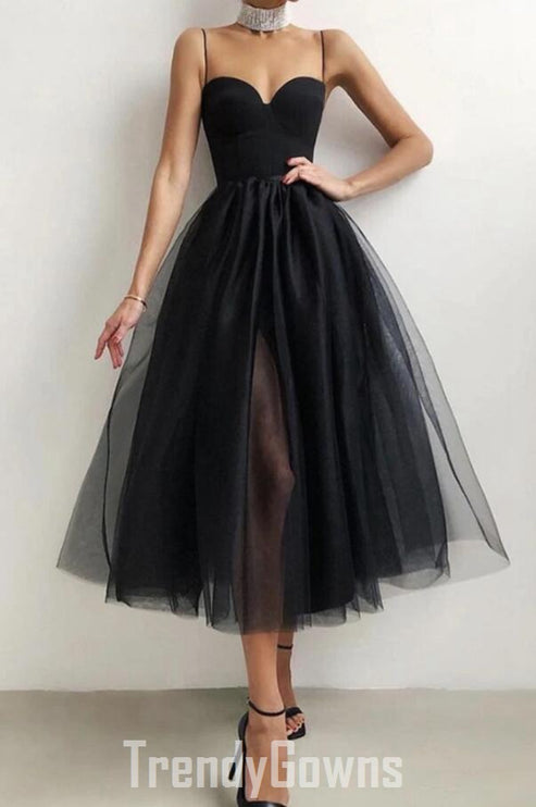 Classic Tea Length Black Tulle Prom Dress JTSH059